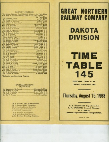 GREAT NORTHERN RAILWAY ETT TIMETABLE DAKOTA DIV. #145 8-15-1968. | eBay
