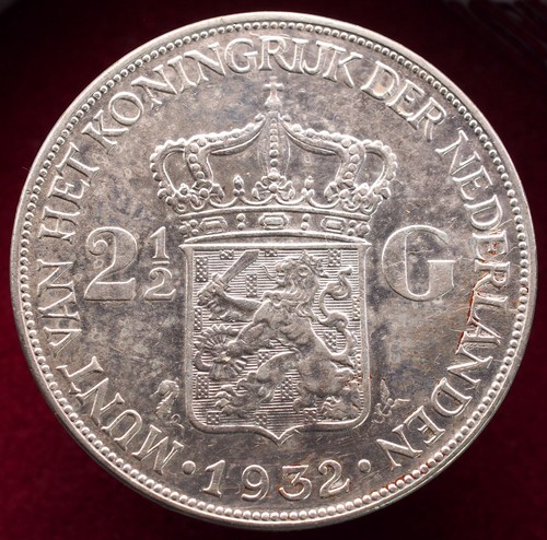 Netherlands 2 and a 1/2 Gulden 1932 - 0.72 Silver - Queen Wilhelmina ...