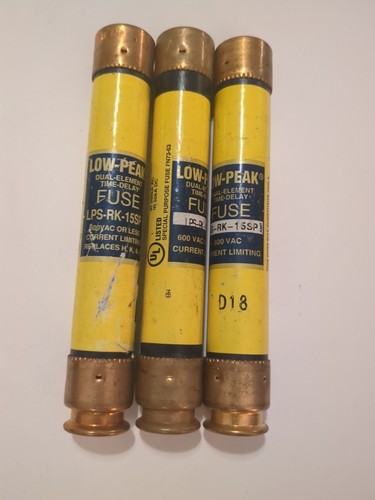 BUSSMANN LOW-PEAK LPS-RK-15SP- 15AMP, 600V, DUAL-ELEMENT FUSES LOT OF 3 ...