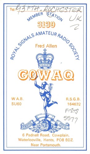 1 x QSL Card Radio UK RSARS 3139 G0WAQ Cowplain Waterlooville Hants ...