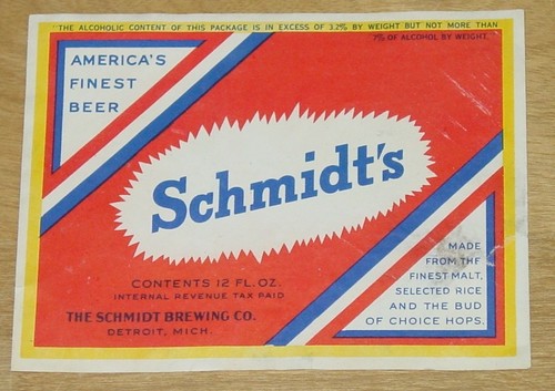 1 beer label, Detroit, Michigan, Schmidt Brewing, Schmidt's Beer, 12 oz ...