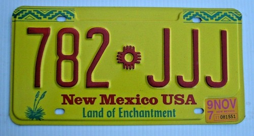 NEW MEXICO YELLOW TRIPLE REPEATING LETTER J AUTO LICENSE PLATE " 782 ...