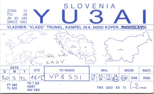 1992 QSL Card YU3AI Slovenia to VP8SSI CW Ham Radio Yugoslavia Map | eBay
