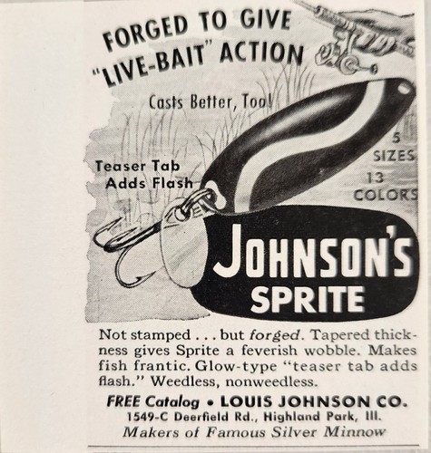 1962 Print Ad Johnson's Sprite Spoon Fishing Lures Highland Park ...