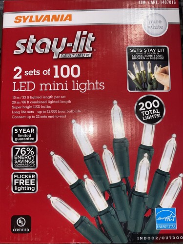 🔥NEW Sylvania Stay-lit 2 Sets Of 100 Mini Pure White LED Lights 200 ...