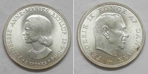 X3596 1964 Denmark 5 Kroner Wedding of Princess Anne Marie, BU Unc, KM ...