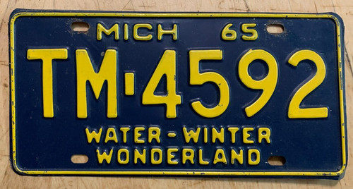 NICE 1965 MICHIGAN PASSENGER AUTO LICENSE PLATE " TM 4592 " MI 65 ...