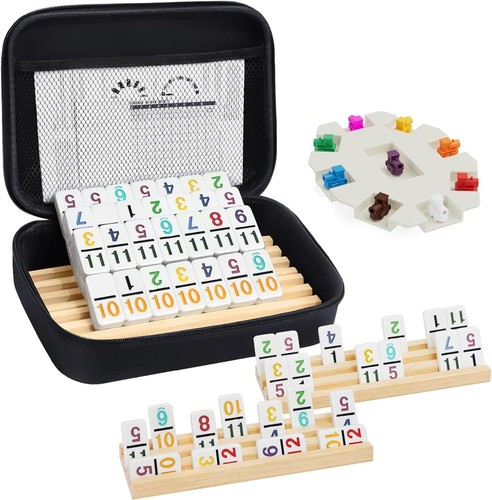 Mexican Train Dominoes Set with Numbers and 4 Wooden Trays/Racks ...