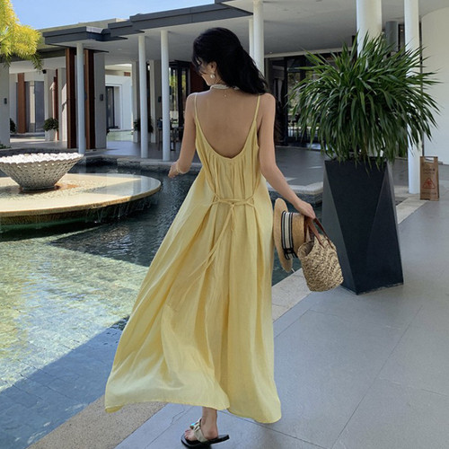 Women Lazy Wind Backless Fashion Sexy Light Yellow Dress Long Loose ...