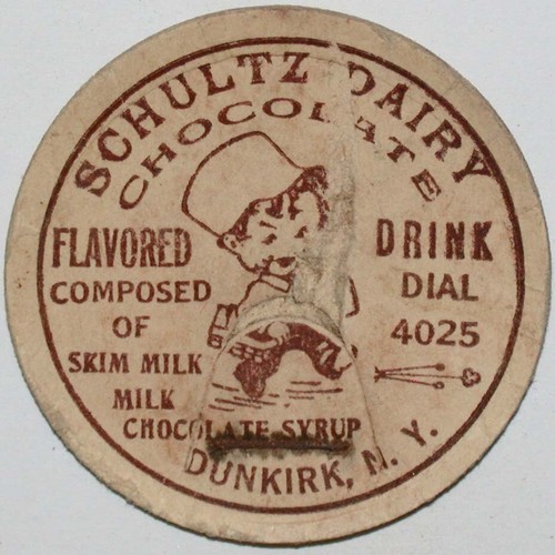 Vintage milk bottle cap SCHULTZ DAIRY Chocolate boy milkman Dunkirk New ...