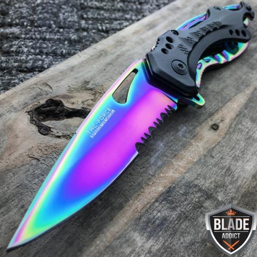 8" TAC FORCE SPRING Open ASSISTED RAINBOW TACTICAL FOLDING KNIFE Blade ...