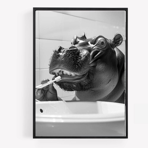 Funny bathroom hippo brushing teeth Print Picture Poster Unframe A4 ...