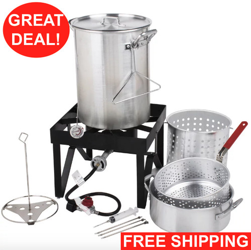 30 Qt Deluxe Aluminum Turkey Deep Fryer Kit Steamer Stock Pot Propane ...