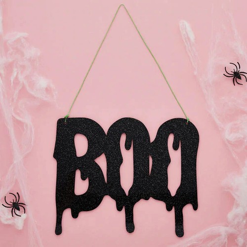 Boo Black Glitter Acrylic Sign (W)250mm x (H)205mm Halloween Drip Trick ...