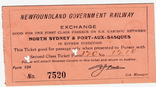 Railway / boat ticket: Canada: Newfoundland Govt: North Sydney- Port ...