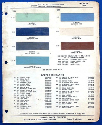 1952 HUDSON Paint Color Sample Chip Chart—Ditzler | eBay