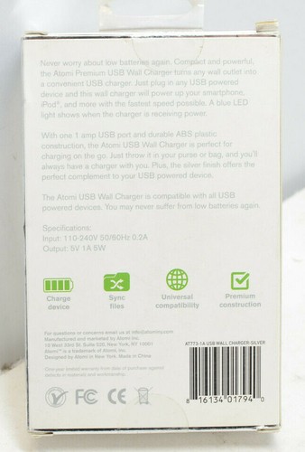 Atomi Premium Usb Wall Charger with Metallic Silver Finish | eBay