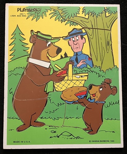 Vintage Playskool Wood Puzzle Look Boo Boo. A Picnic Basket YOGI BEAR ...
