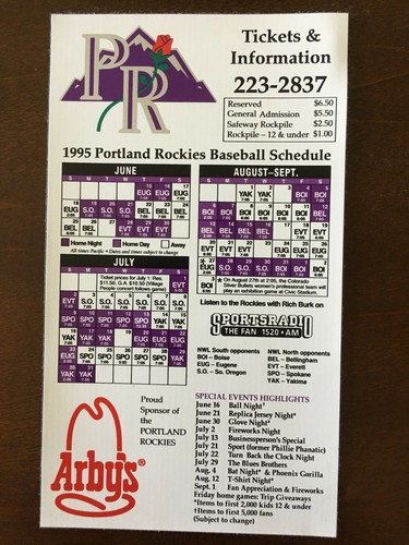 1995 Portland Rockies baseball magnet schedule, Inaugural season, Arby ...