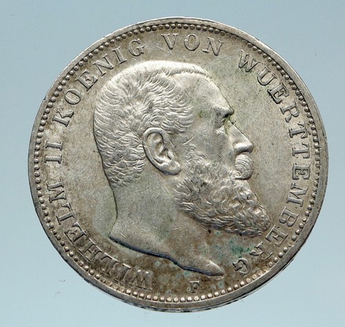 1913 F Germany GERMAN STATES Wurttemberg w WILHELM II Genuine Silver ...