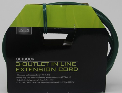 Living Solutions Outdoor 3 Outlet In-Line 12 ft Heavy Duty Extension ...
