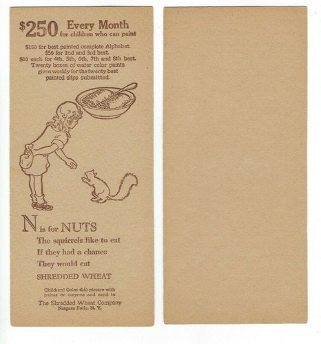 SHREDDED WHEAT 1929 $250 Alphabet Card ~ N is for NUTS ~ Excellent ...