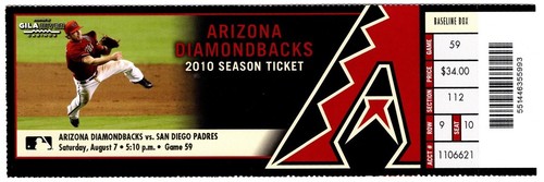 2010 ARIZONA DIAMONDBACKS vs PADRES ticket LUIS GONZALEZ Jersey Number ...