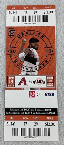 MLB 2016 04/18 Arizona Diamondbacks at SF Giants Full Ticket | eBay
