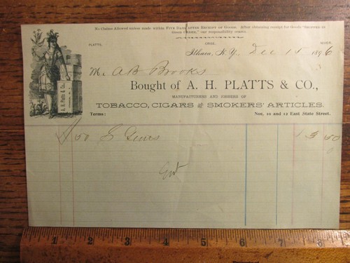 Antique Vintage Ephemera 1896 Billhead Ithaca NY AH Platts Tobacco ...