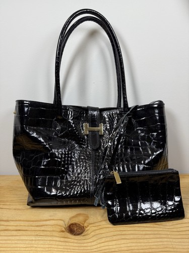 Black Courage Genuine Leather Tote with Matching Pouch Made In Italy | eBay