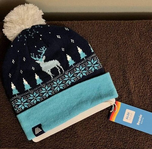 Aldi Gear Holiday 2023 Blue Beanie Winter Knit Reindeers Trees Pom Pom ...