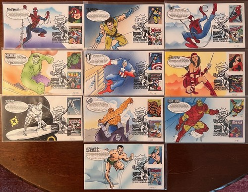 US Geerlings Super Heroes Marvel set of 10 FDCs with all 20 stamps 2 ...