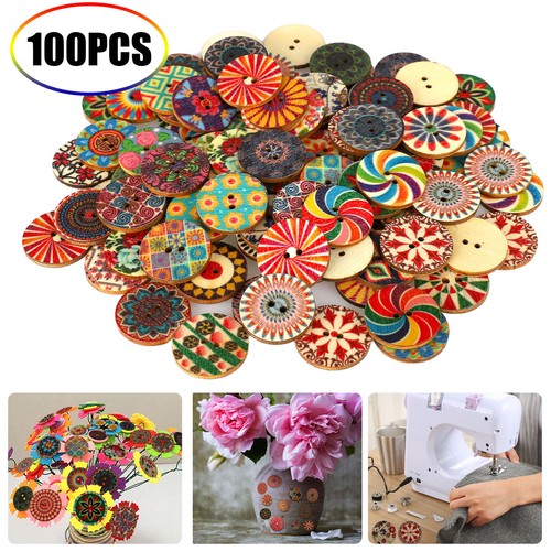 Lot of 100 Wooden Art Buttons 25mm 2 Hole Mixed Color Vintage DIY ...