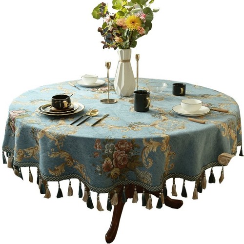 Floral Chenille Jacquard Round Tablecloth Tassel Table Cover Dining ...
