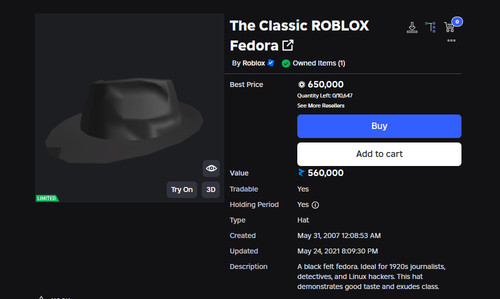 Roblox Limited Item - Classic ROBLOX Fedora Value of 560k Fast, 100% ...