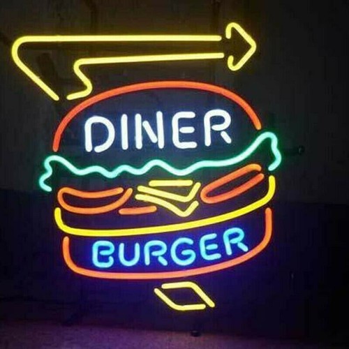 Hamburger Dinner Arrow Neon Lamp Sign Light 20"x16" Display Wall Food ...