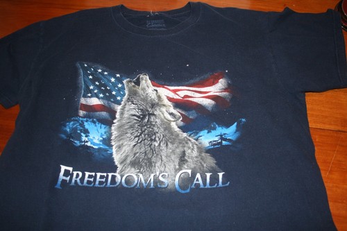 Patriotic FREEDOM'S CALLS tee shirt with wolf and American Flag size ...