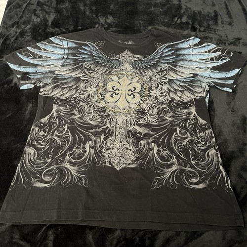 Vintage XZAVIER AXR Y2K T-Shirt Skull AOP Cross Wings Goth Grunge ...
