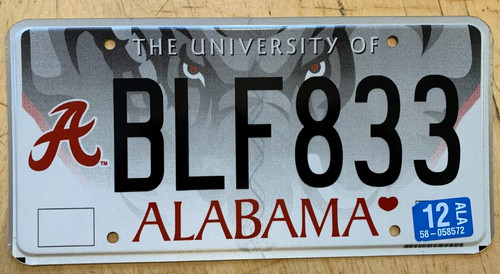 2012 UNIVERSITY OF ALABAMA GRAPHIC COLLEGIATE AUTO LICENSE PLATE " BLF ...