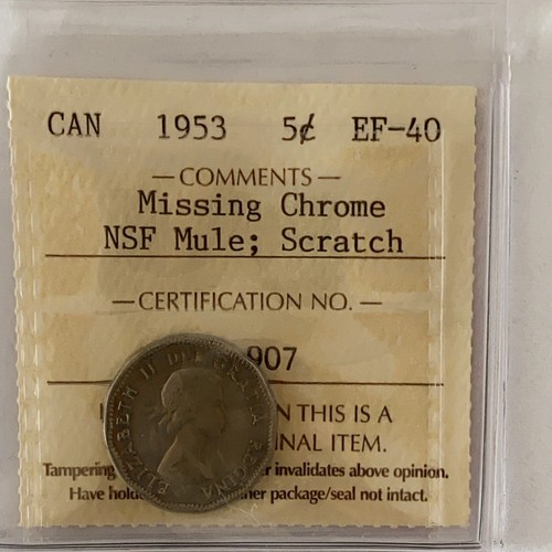 Canada 5 cent - 1953 NSF Mule Missing Chrome - ICCS - EF40 - Super Rare ...