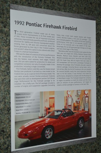 1992 PONTIAC FIREBIRD FIREHAWK INFO SPEC SHEET PHOTO FEATURE PRINT 92 ...