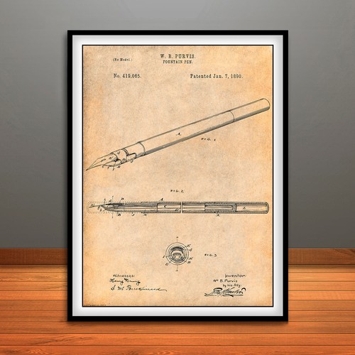 1890 W. B. Purvis Fountain Pen Patent Print Art Drawing Poster | eBay
