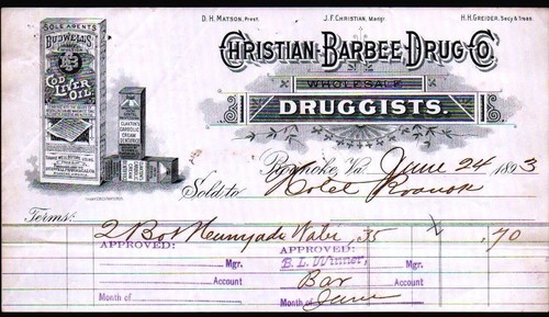 1893 Roanoke Va - Medical - Christian Barbee Drug Co - Rare Letter Head ...