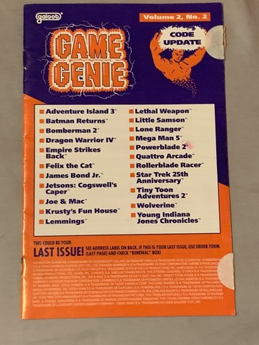 Game Genie Code Update Volume 2, No 2 Manual Super Nintendo SNES Book ...