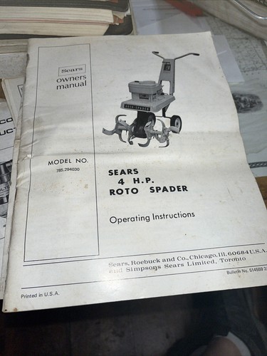 Vintage Owners Manual Sears 4.HP Roto Spader Tiller - Model 785.294030 ...