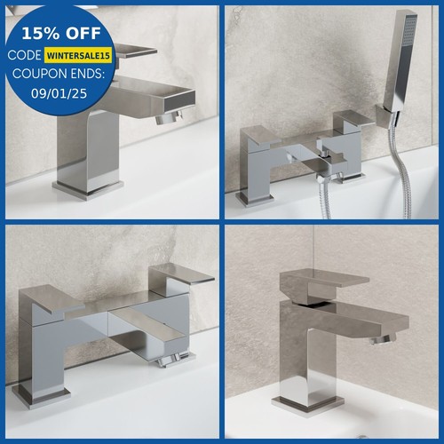 Modern Chrome Bathroom Square Tap Sets | Basin & Bath Taps with Shower ...