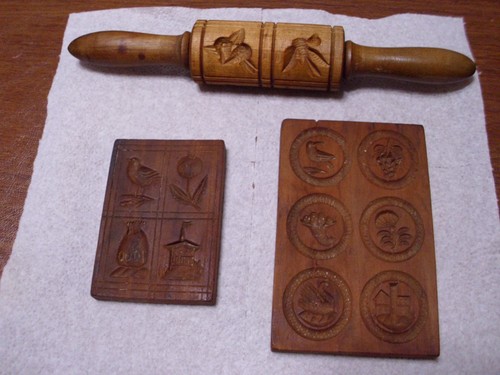 Set of 2 Wooden Springerle molds and 1- rolling pin vintage 1 mold mrkd ...