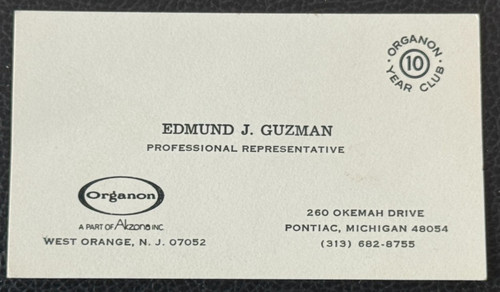 Vintage 1950's ORGANON Business Card West Orange NJ New Jersey ...