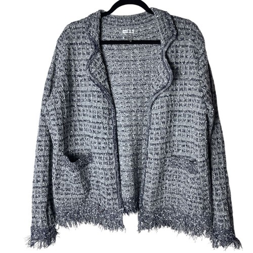 Sioni Blue Tweed Fringe Hem Open Front Cardigan Sweater Jacket XL | eBay