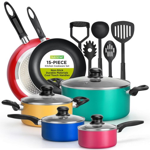 Vremi VR0041 Nonstick Cookware Set Colored Kitchen Pots and Pans, 15 ...